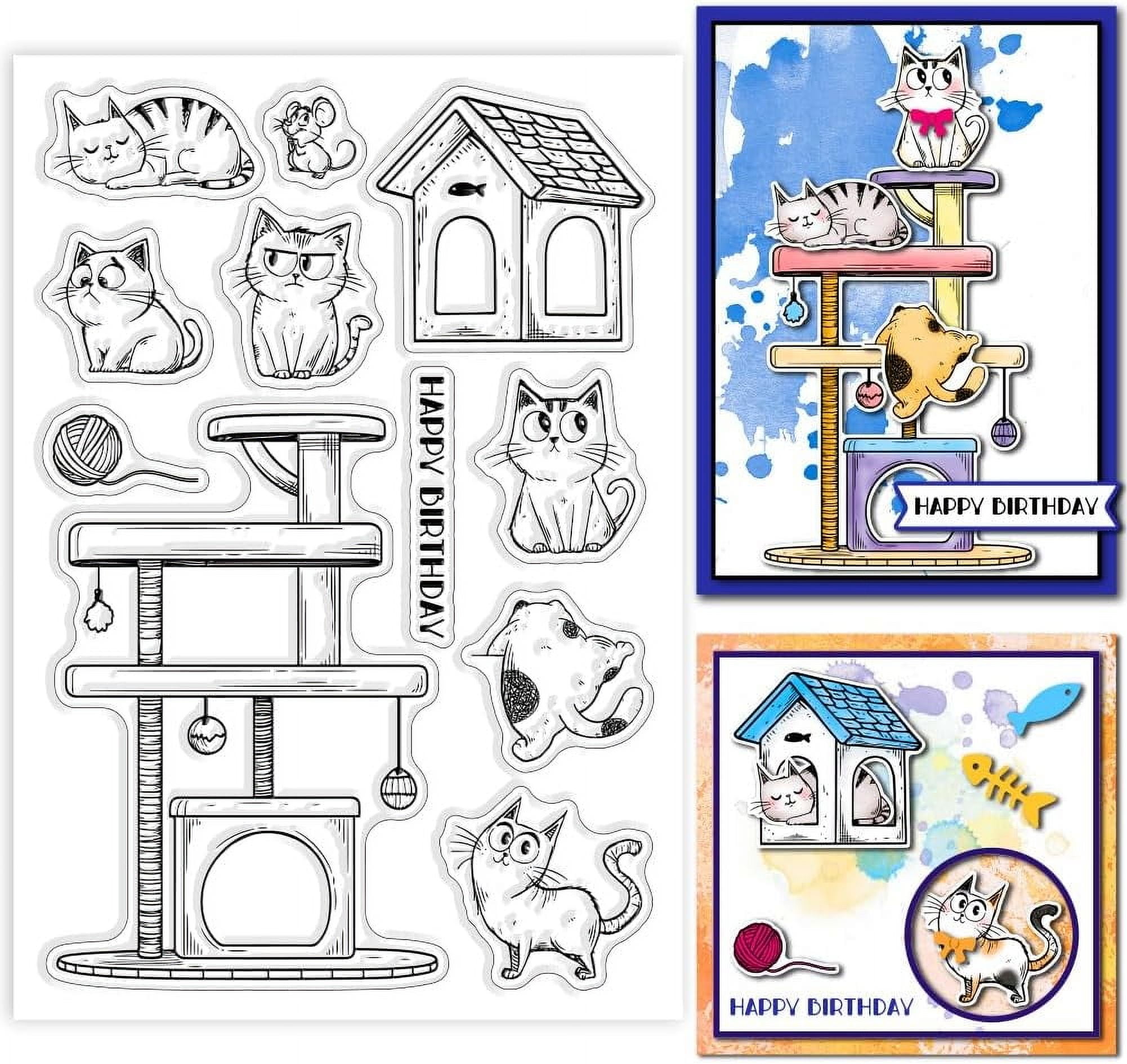 Cat and Cat Tree Clear Stamps for Card Making Happy Birthday Sentiment ...