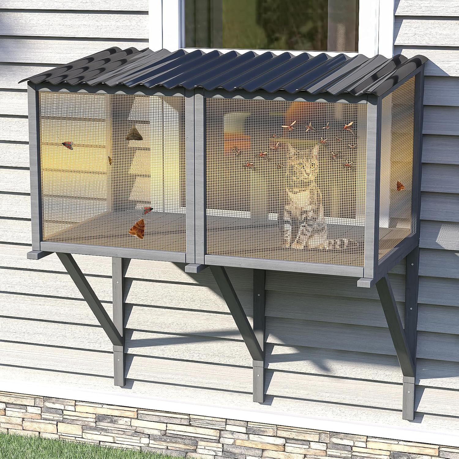 Cat Catio with Mosquito-Proof Net, Cat Window Perch for Large Indoor ...