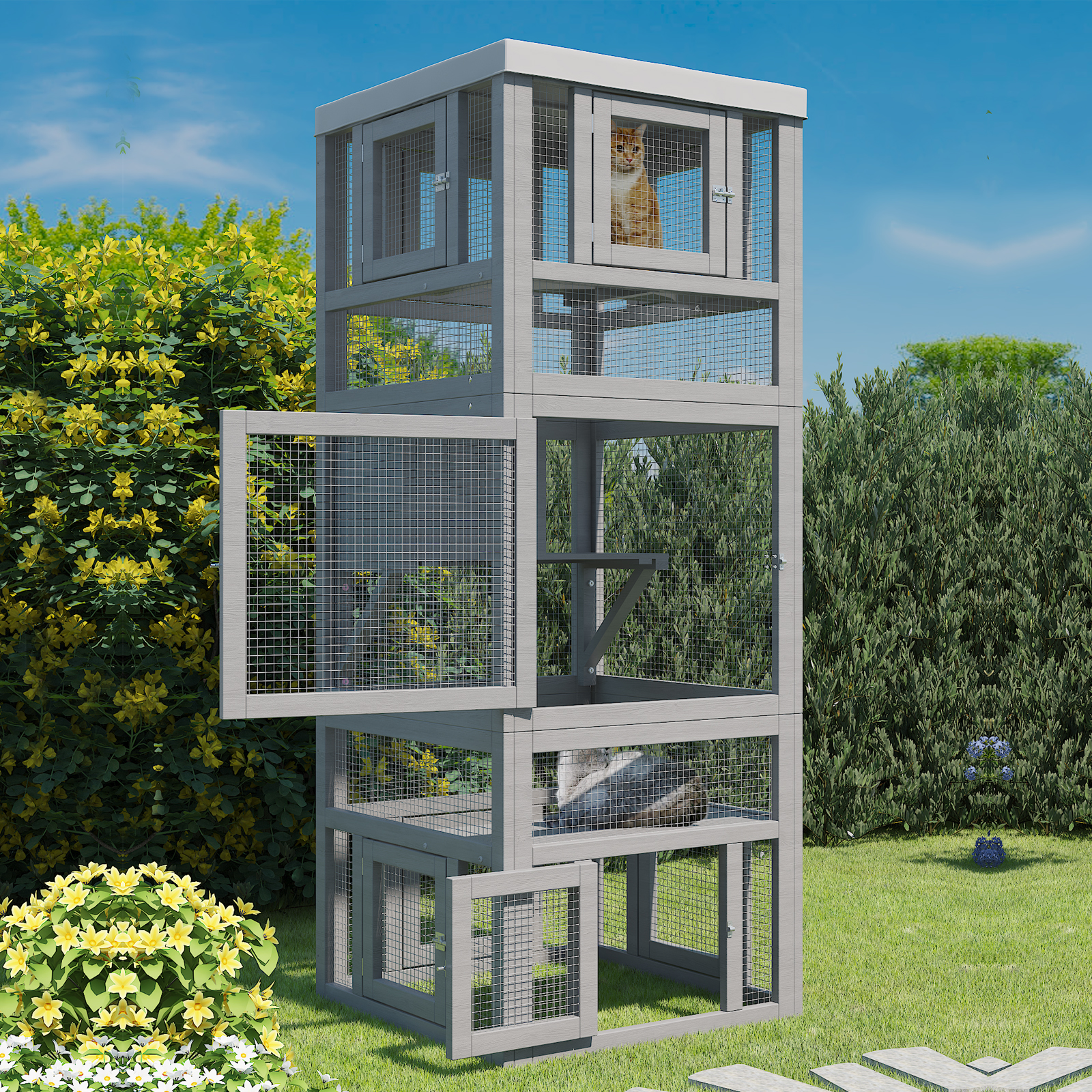 Cat Catio Outdoor Enclosure, 3 Tiers Cat Enclosure with Platform ...