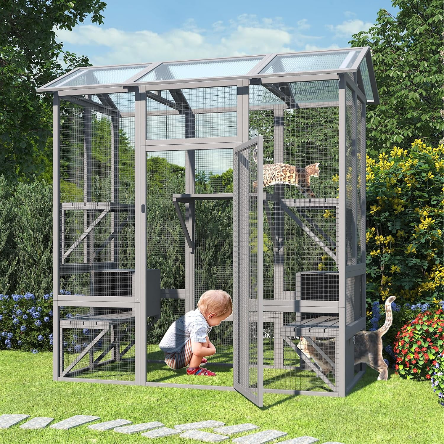 Cat Catio Outdoor, Large Cat House, Outside Cat Enclosure with Sunshine ...