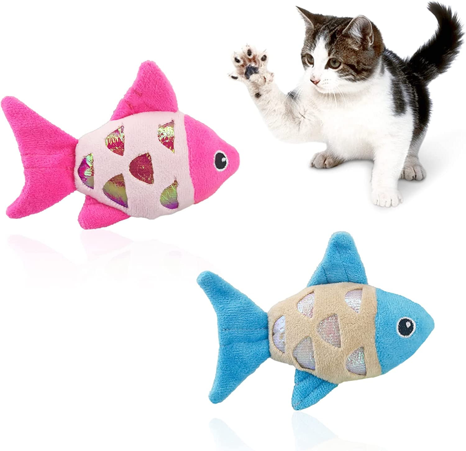 Cat Catnip Toys, 2pcs Small Cat Fish Toys with Crinkle Shine Ring Paper ...