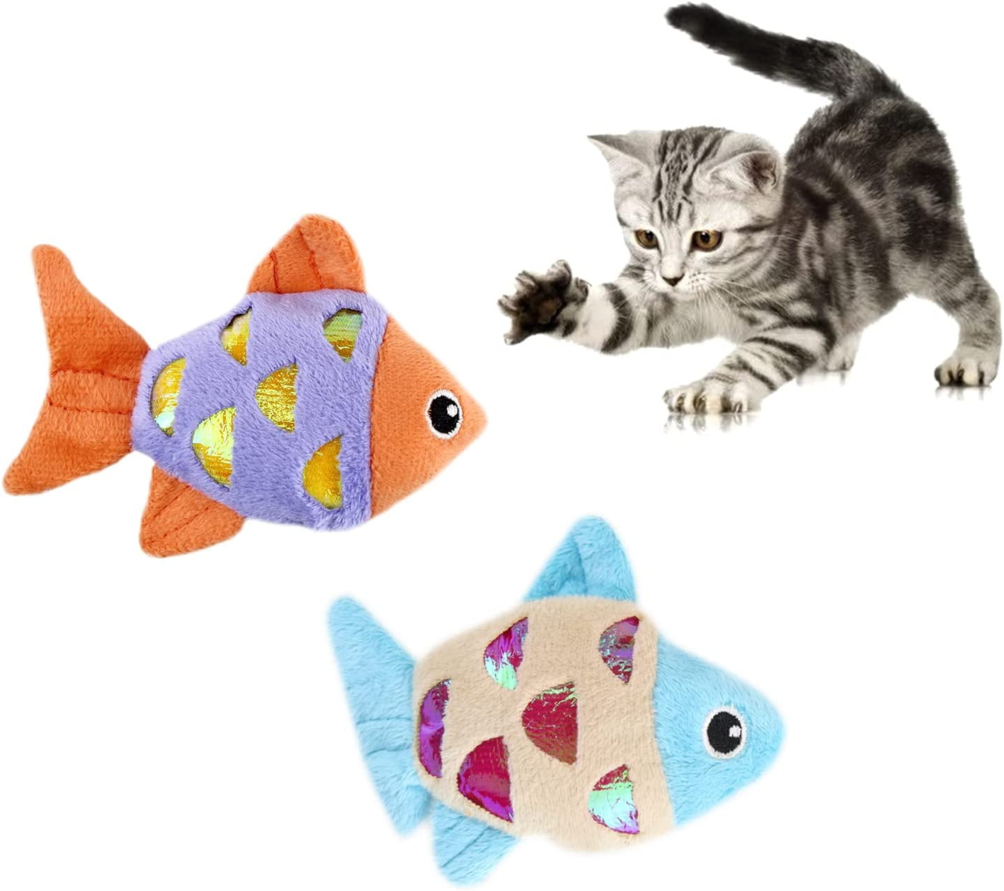 Cat Catnip Toys, 2pcs Small Cat Fish Toys with Crinkle Shine Ring Paper to Make Sound to Catch ...