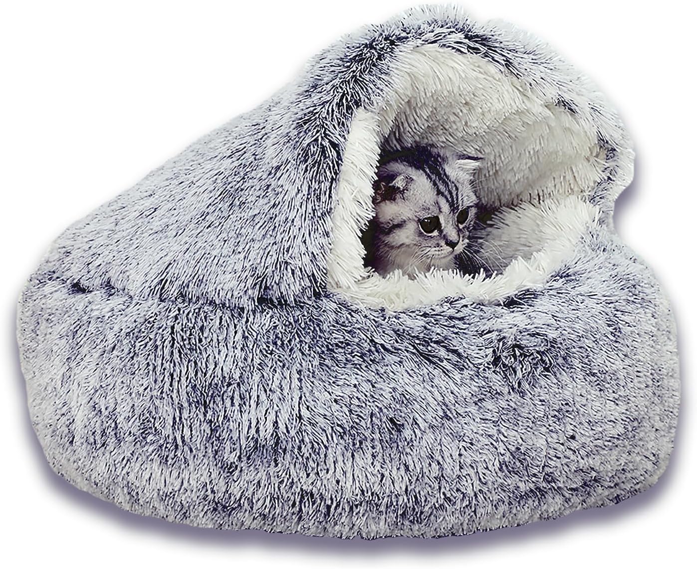 Cat Cave Bed Round Plush Fluffy Hooded Cat Bed Cozy Cats beds Cushion ...