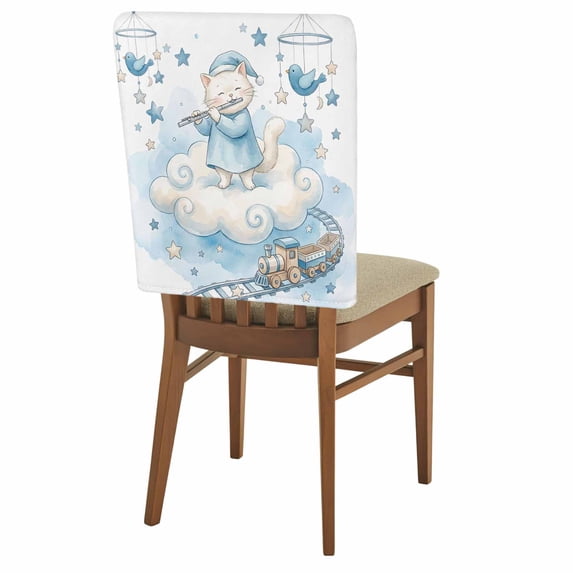Cat Chair Covers Set of 4 Cartoon Blue Hat Cat Cloud Train Track Bird ...