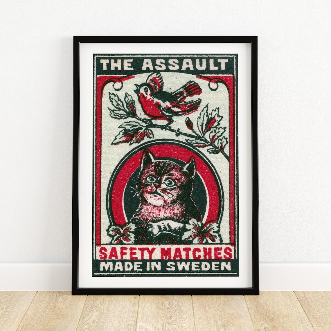 Cat Chasing Bird - Matchbox Print - Aesthetic Wall Art - Vintage ...