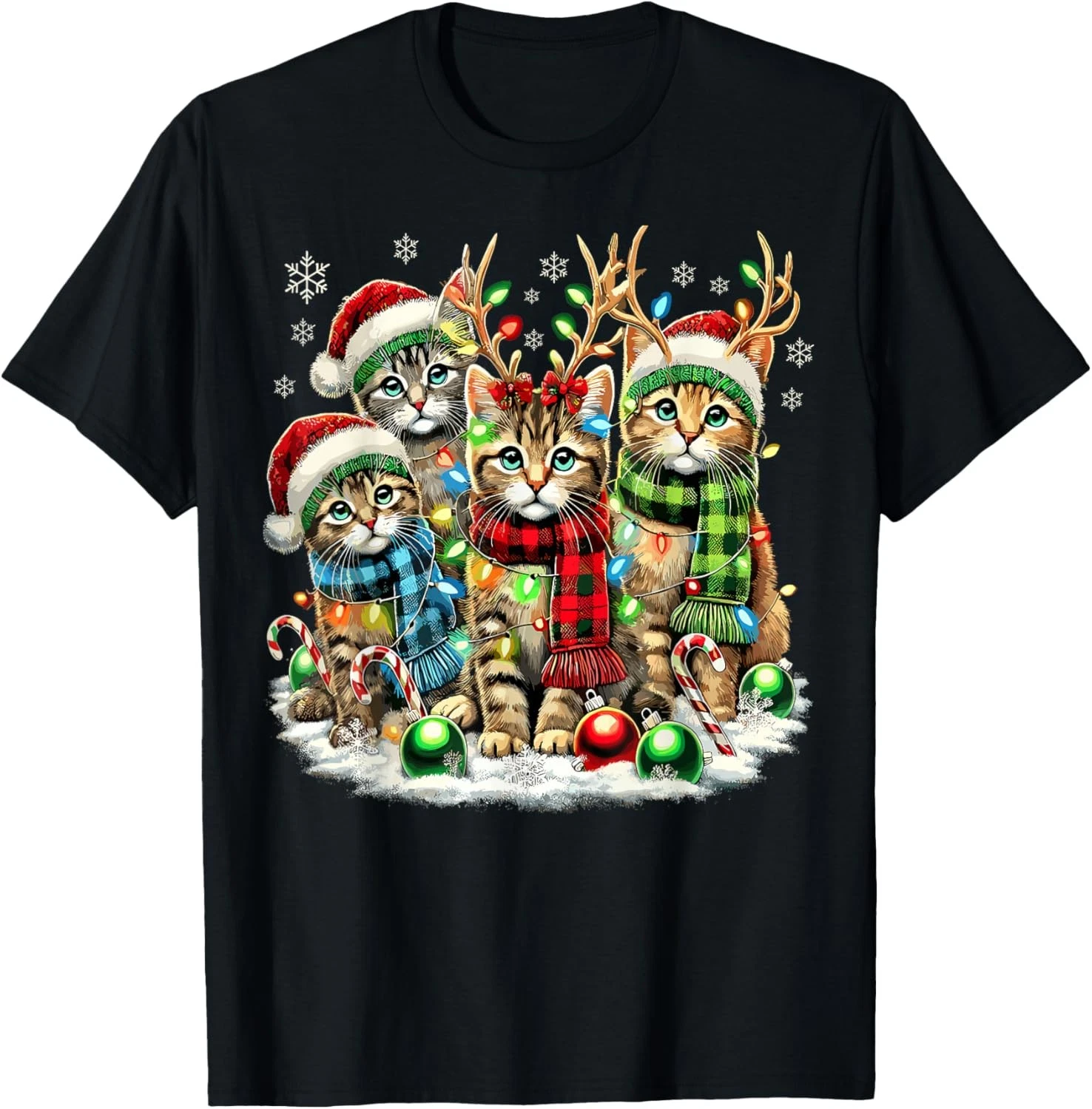 Cat Christmas Light Reindeer Jolly Red Hat Man Unisex T-Shirt up to ...