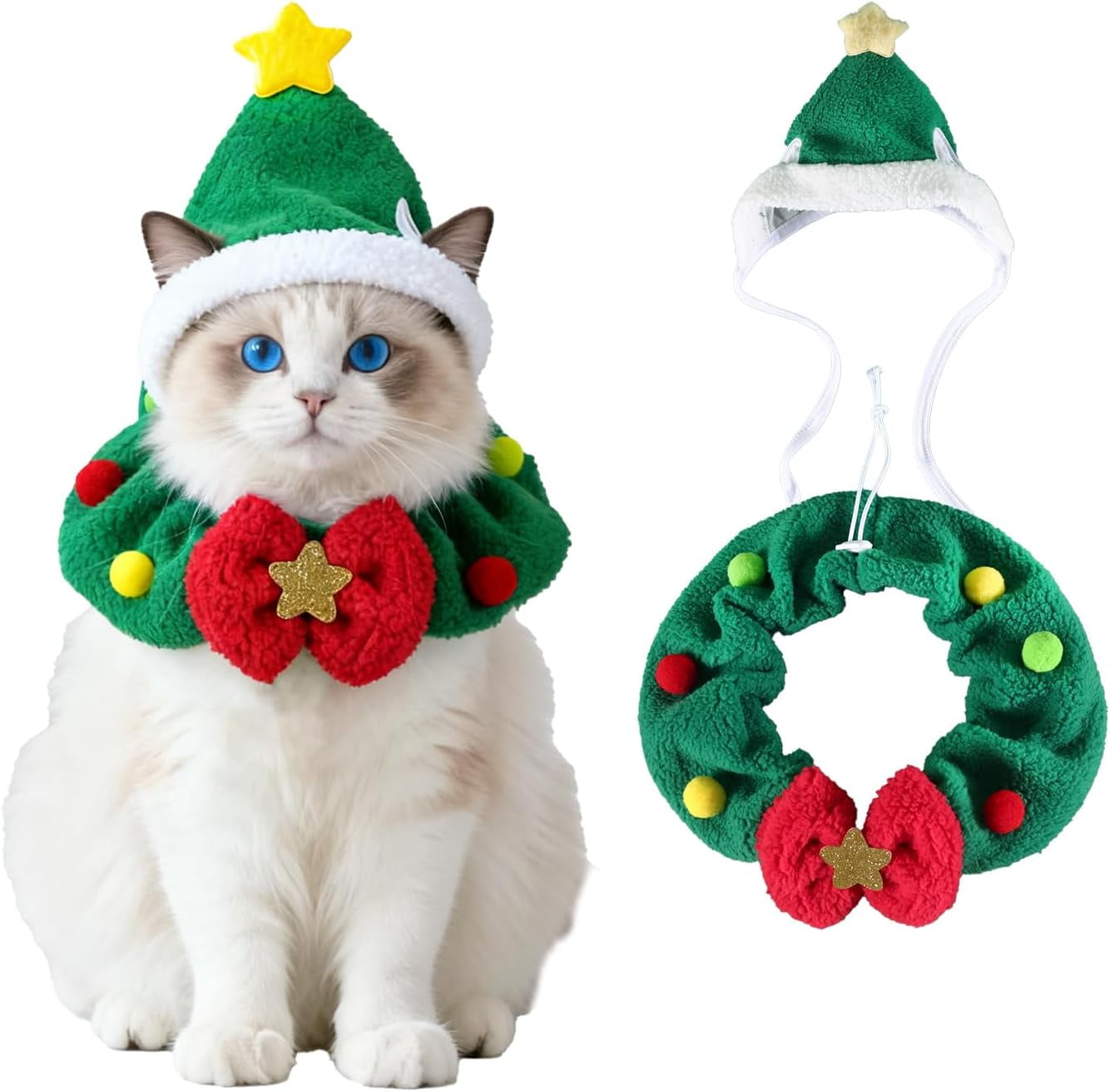 Cat Christmas Outfit 2pcs Set, Cat Santa Hat with Wreath Scarf, New ...