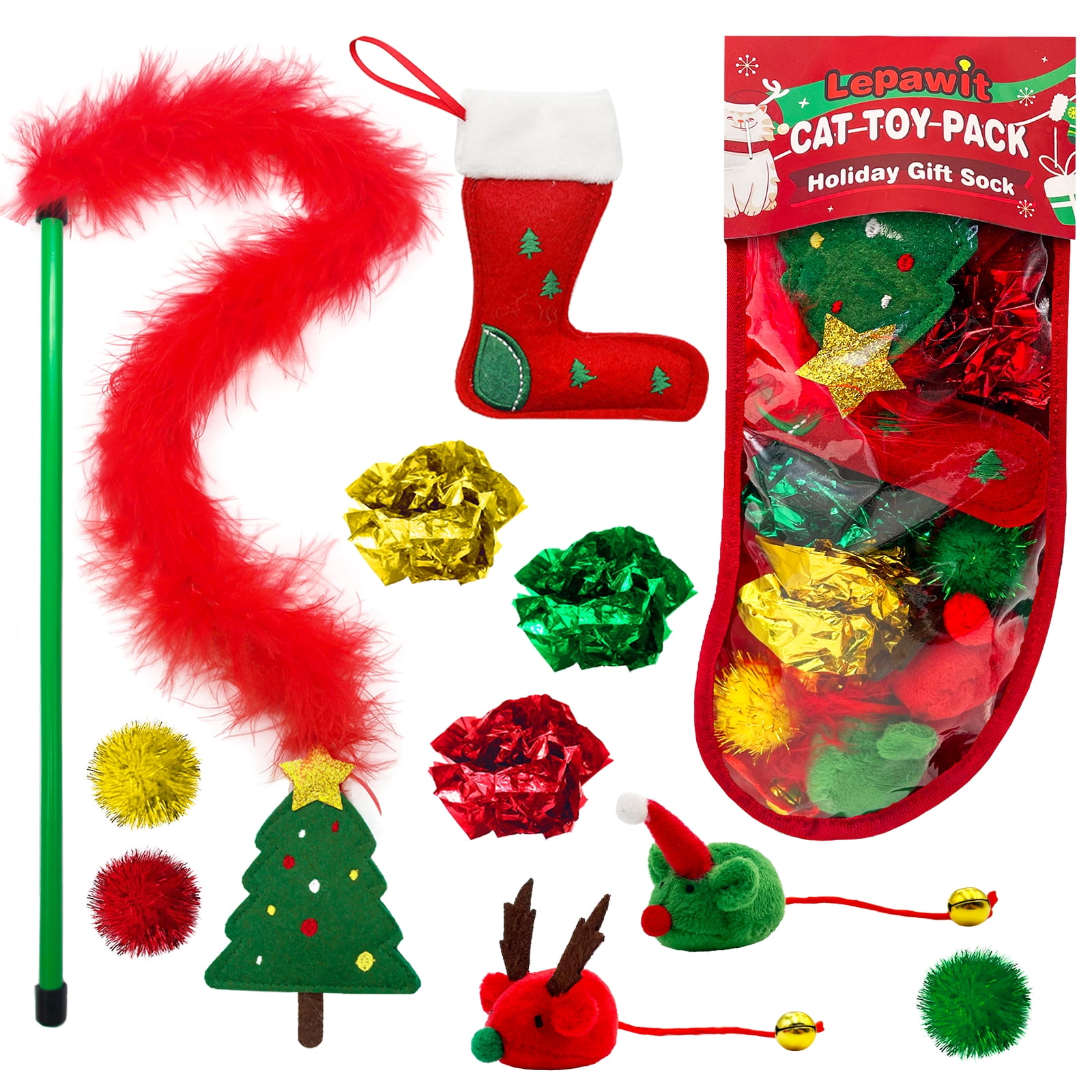Lepawit Xmas Pet Stocking: 10 Pack Cat Toys with Catnip, Feather Toy ...