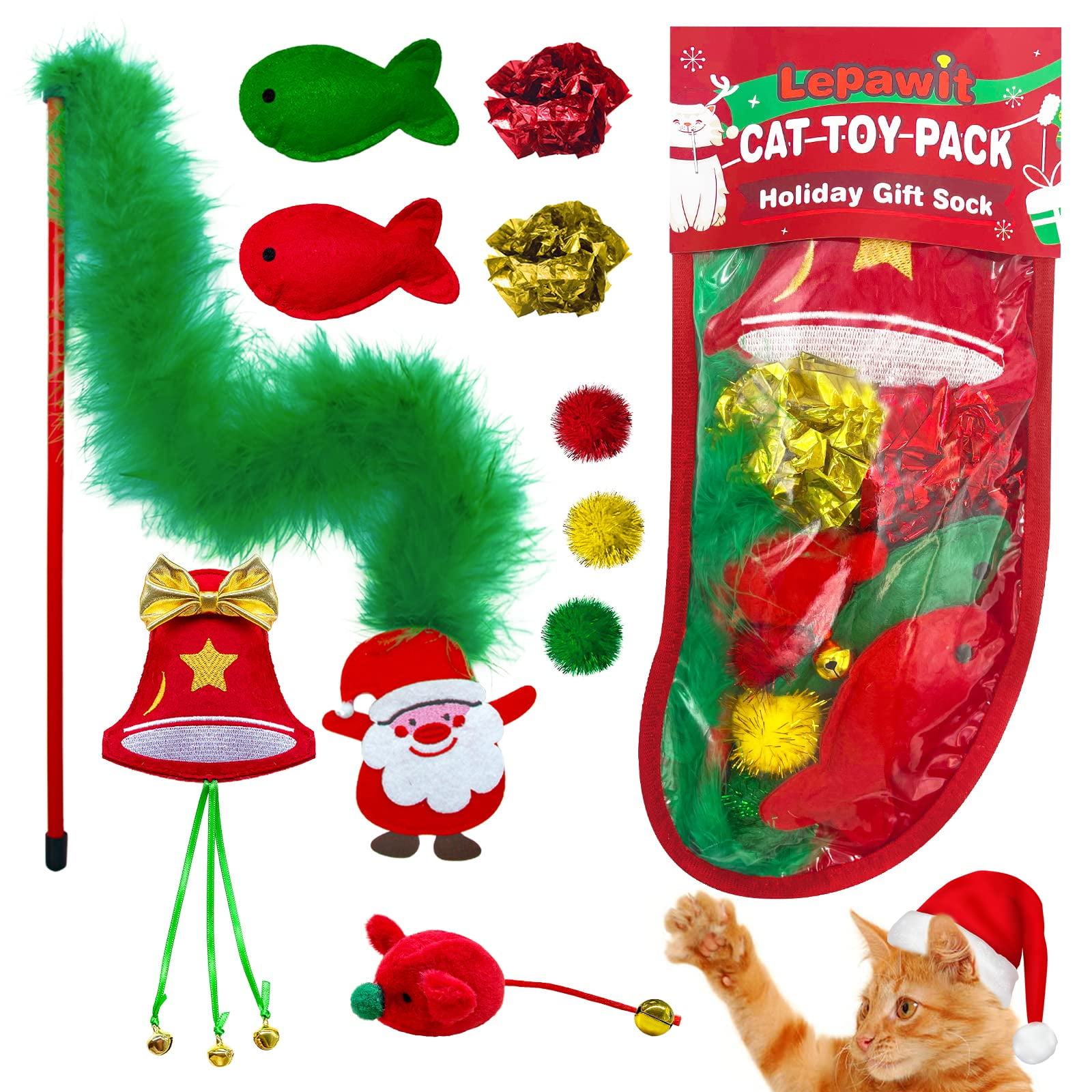 Cat Christmas Stocking with Catnip, Teaser, Cat Balls and Feather Toys ...