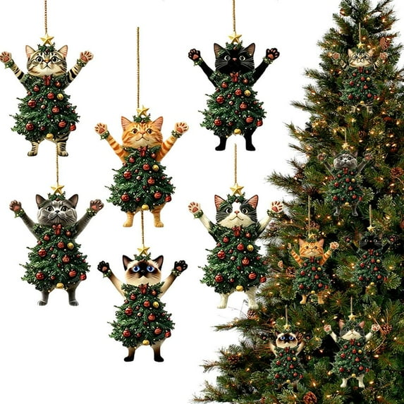 Cat Christmas Tree Ornaments Set, Wooden Cat Christmas Tree Decorations ...