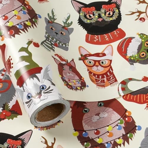 Cat Christmas Wrapping Paper Roll, Holiday Cats in Santa Hats and ...