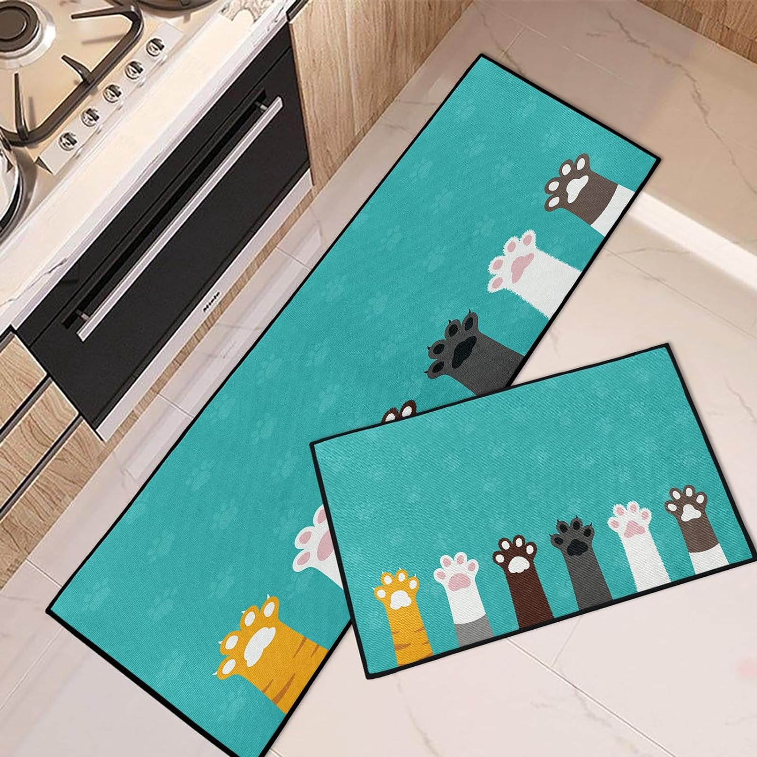 Cat Claws Kitchen Rugs and Mats Non Skid Washable Set of 2, Cute Pet ...