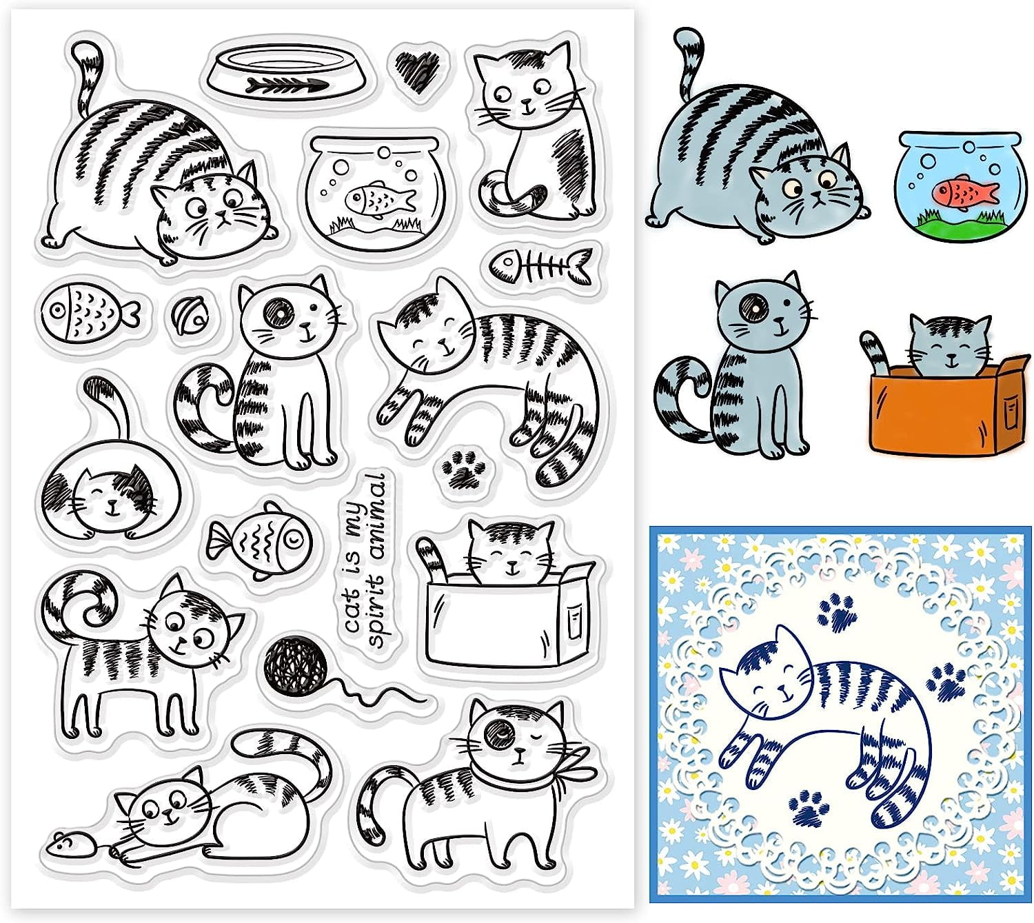 Cat Clear Stamps Cute Pet Cat Fish Silicone Rubber Stamp Film Frame ...