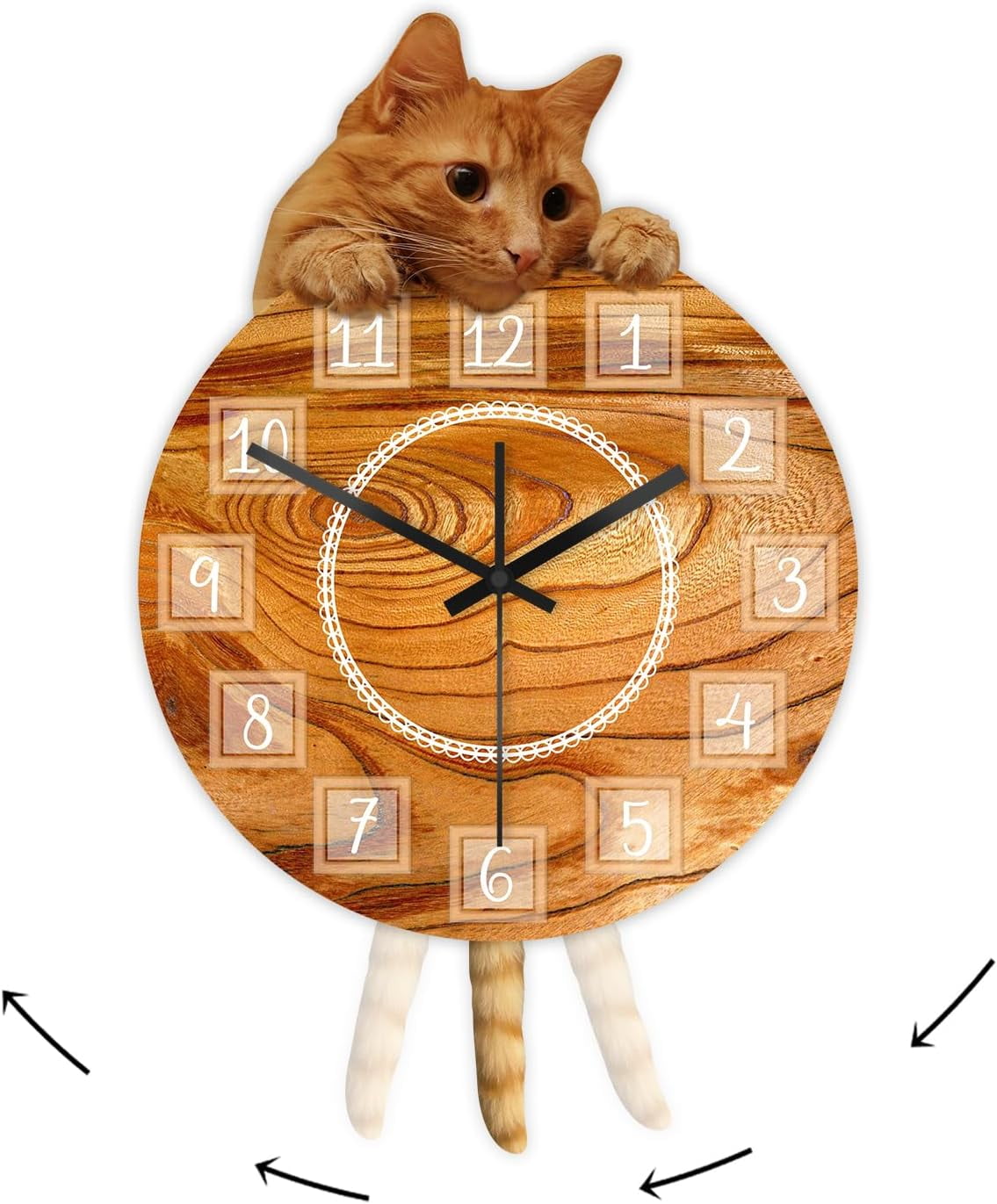 Cat Clock with Moving Tail Cat Pendulum Swinging Wall Clock Silent Non ...