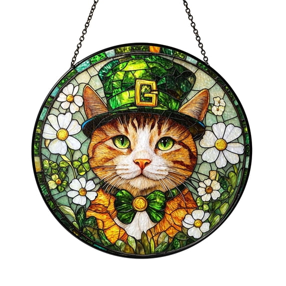 Cat Clover Leaf Stained Glass Suncatcher Window Hanging Decor ...