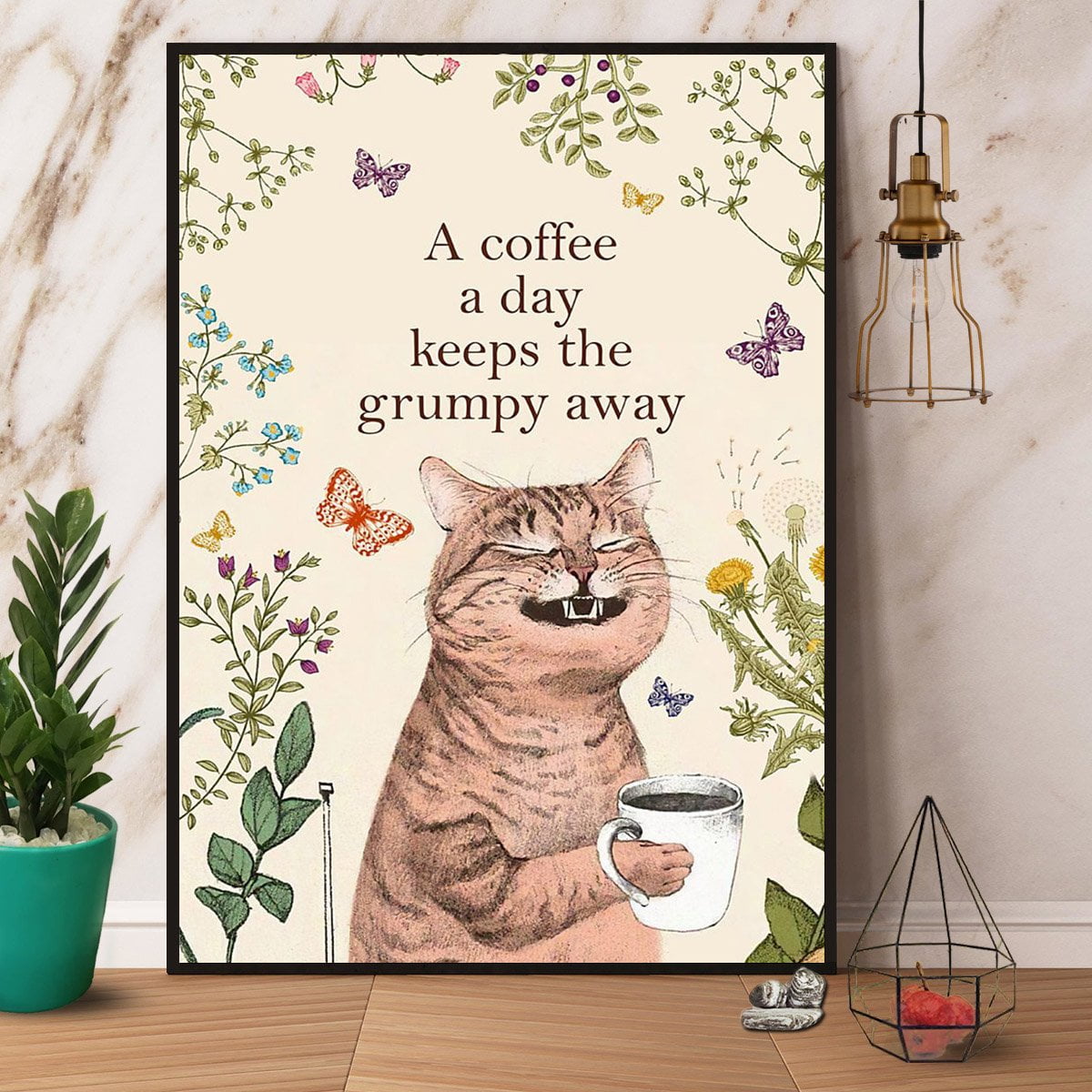 Cat & Coffee A Coffee A Day Keeps The Grumpy Away Flowers Butterfly ...