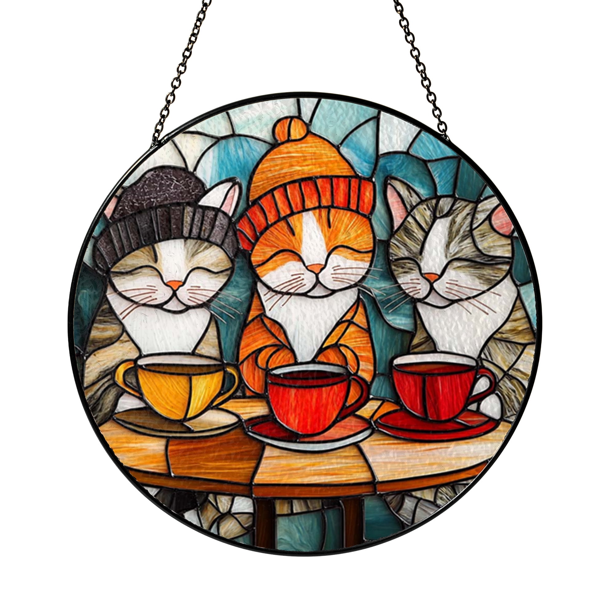 Cat Coffee Scene Themed Stained Glass Style Suncatcher for Window Decor ...