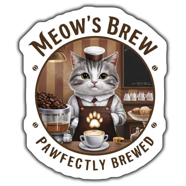 Cat Coffee Shop Sticker, Cute Cat Barista Sticker, Meow'S Brew Sticker ...