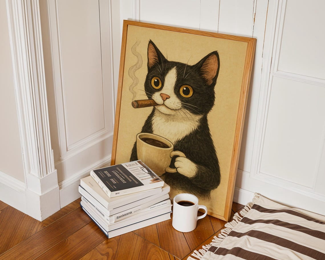 Cat Coffee Vintage Cigar Art Smoking Cat, Unframed Poster - Walmart.com