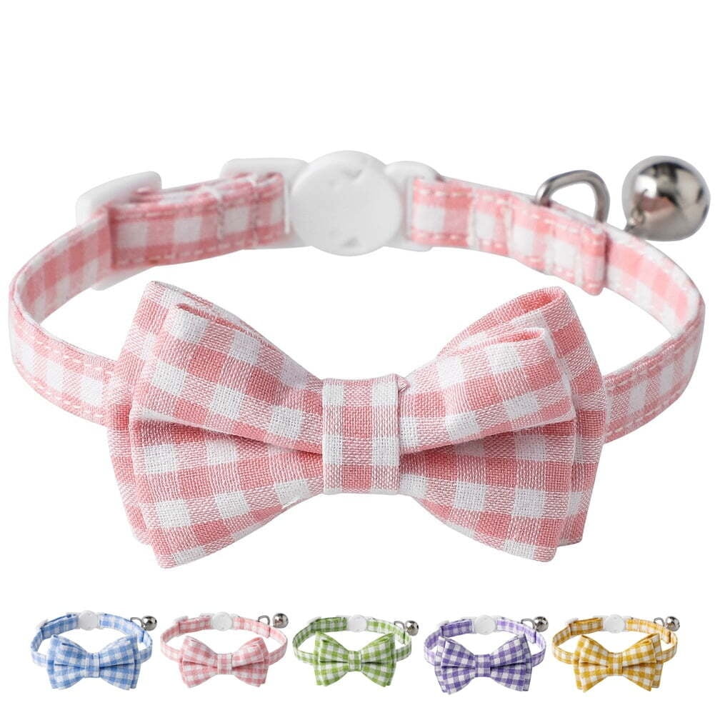 Cat Collar with Bow & Bell, Cute Plaid Patterns Collars, 1 Pack, Yellow ...