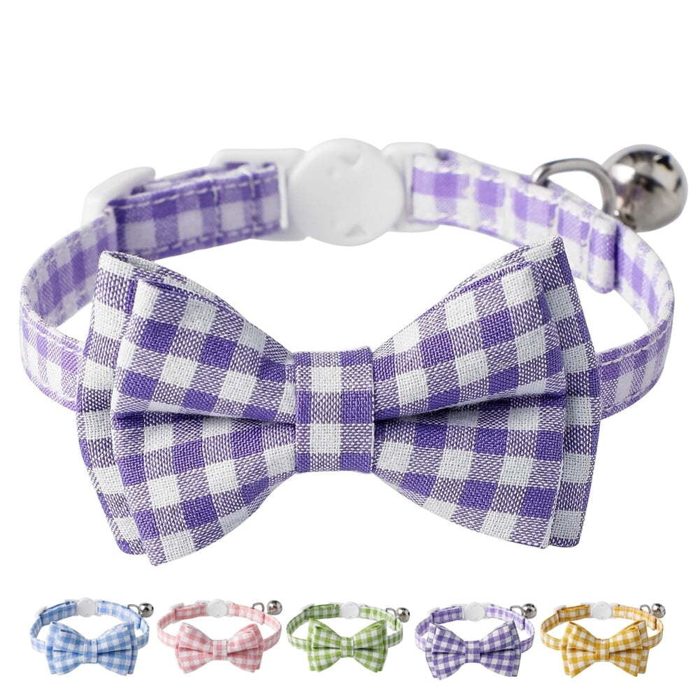 Cat Collar with Bow & Bell, Cute Plaid Patterns Collars, 1 Pack, Yellow ...