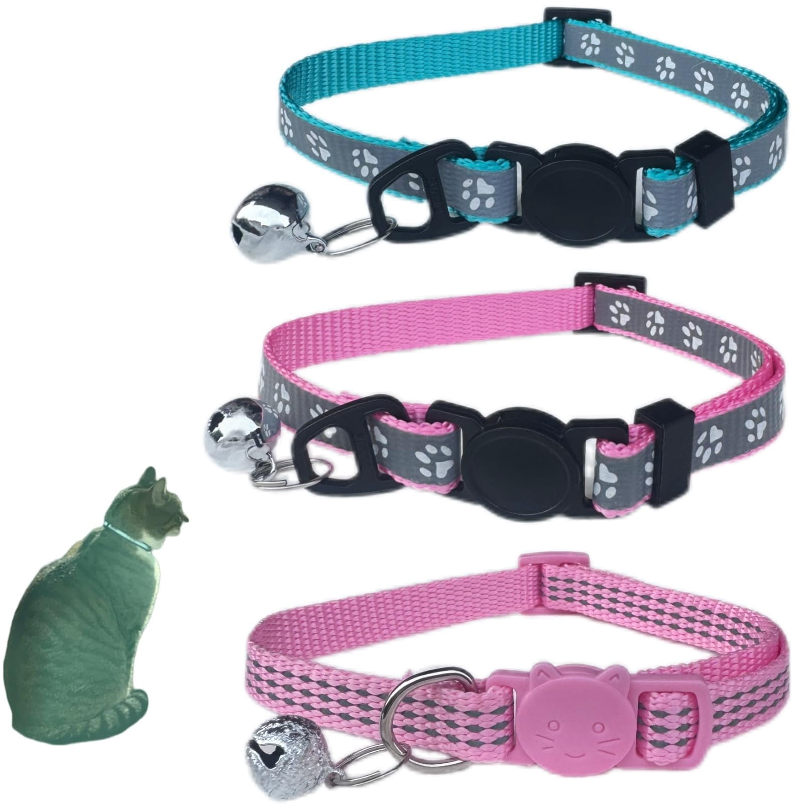 Cat Collars Breakaway Safety Buckle with Bell, Reflective Nylon, 3 Pack ...