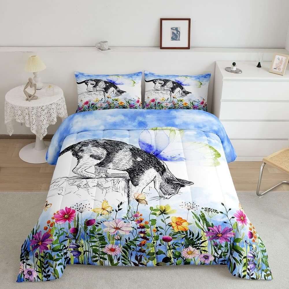 Cat Comforter Colorful Flower Bedding Set Cute Pet Animal Down ...