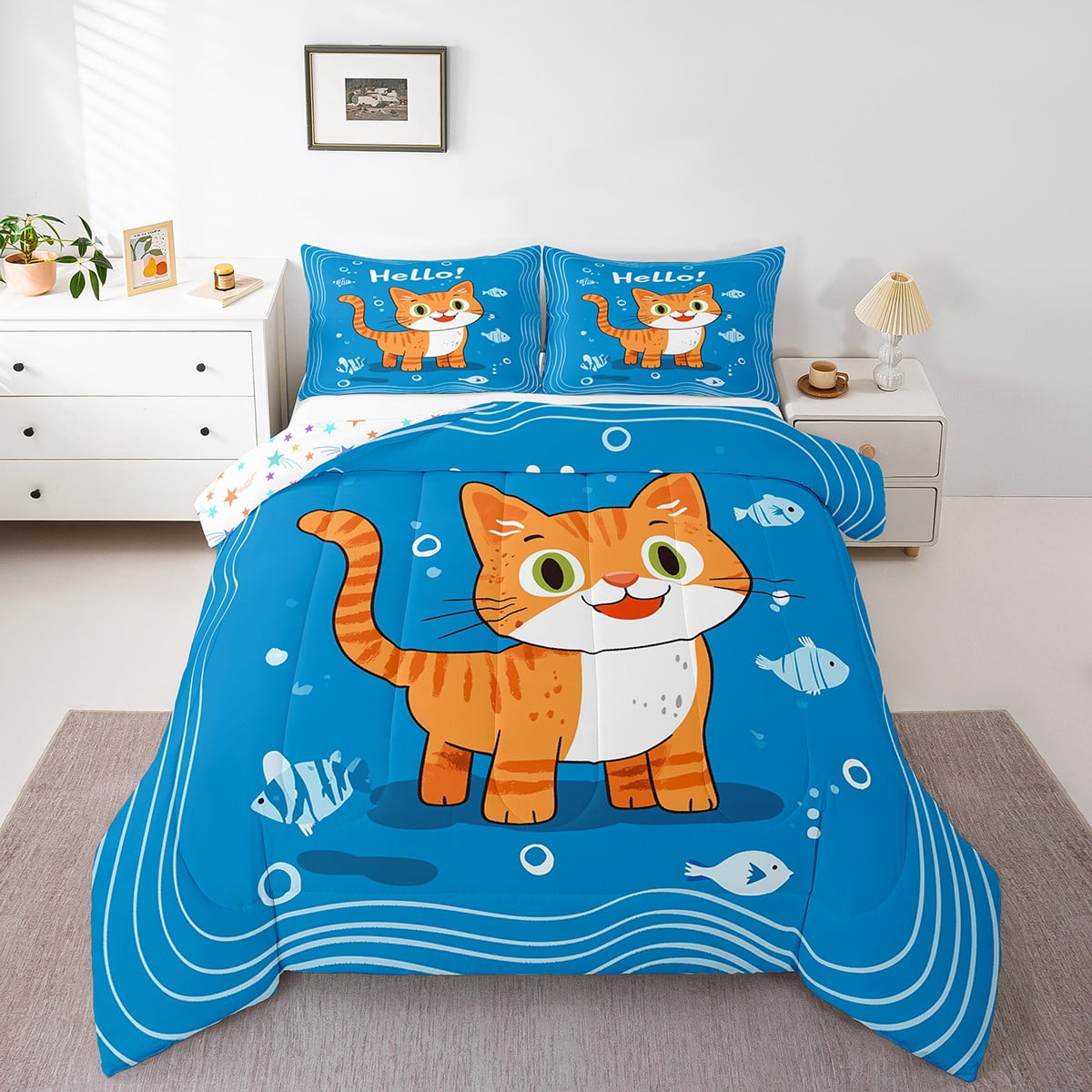 Cat Comforter Set Cute Cartoon Cats Toddler Bedding Set,Blue Kitten ...