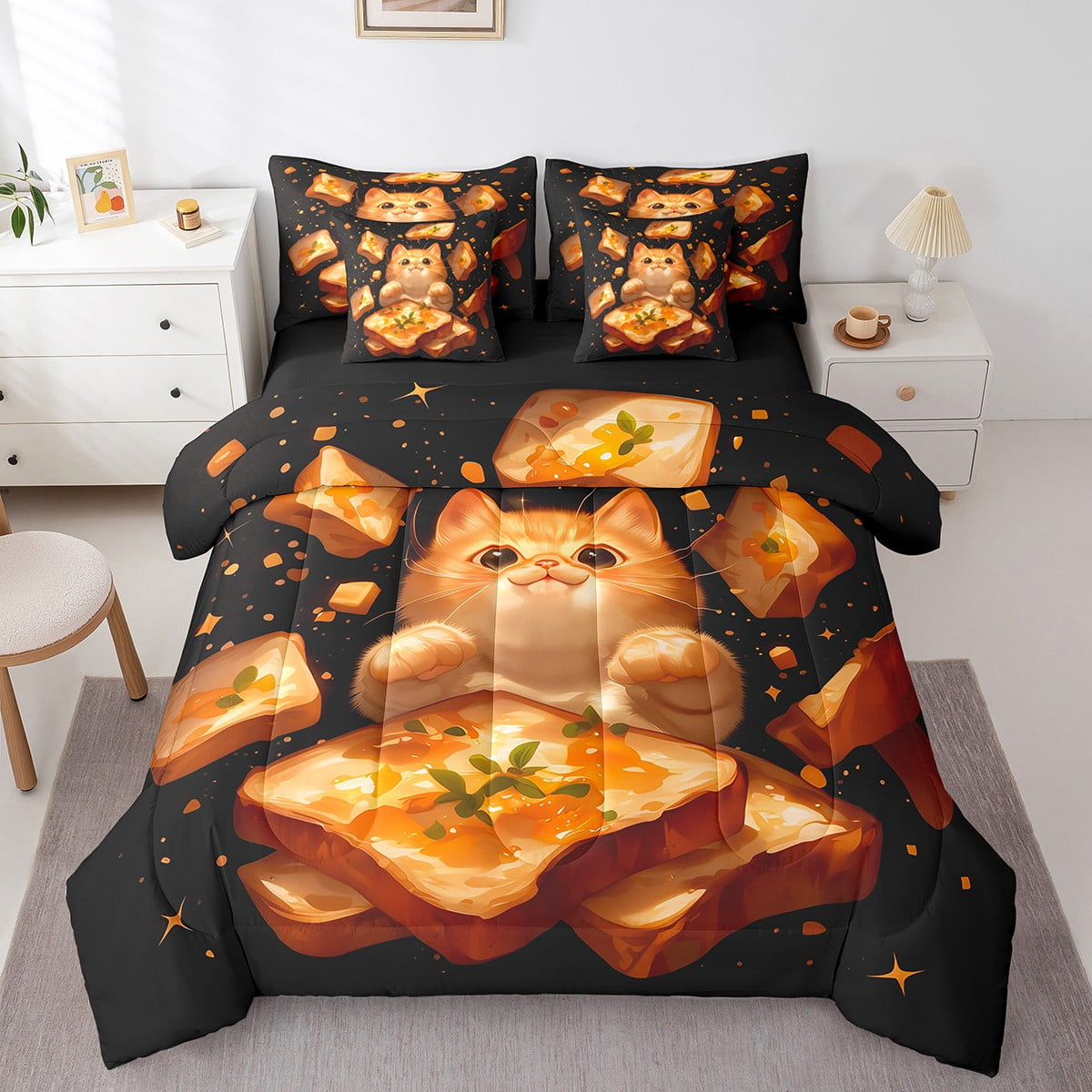 Cat Comforter Set King Bed in a Bag,Cute Toast Food Themed Bedding Set ...