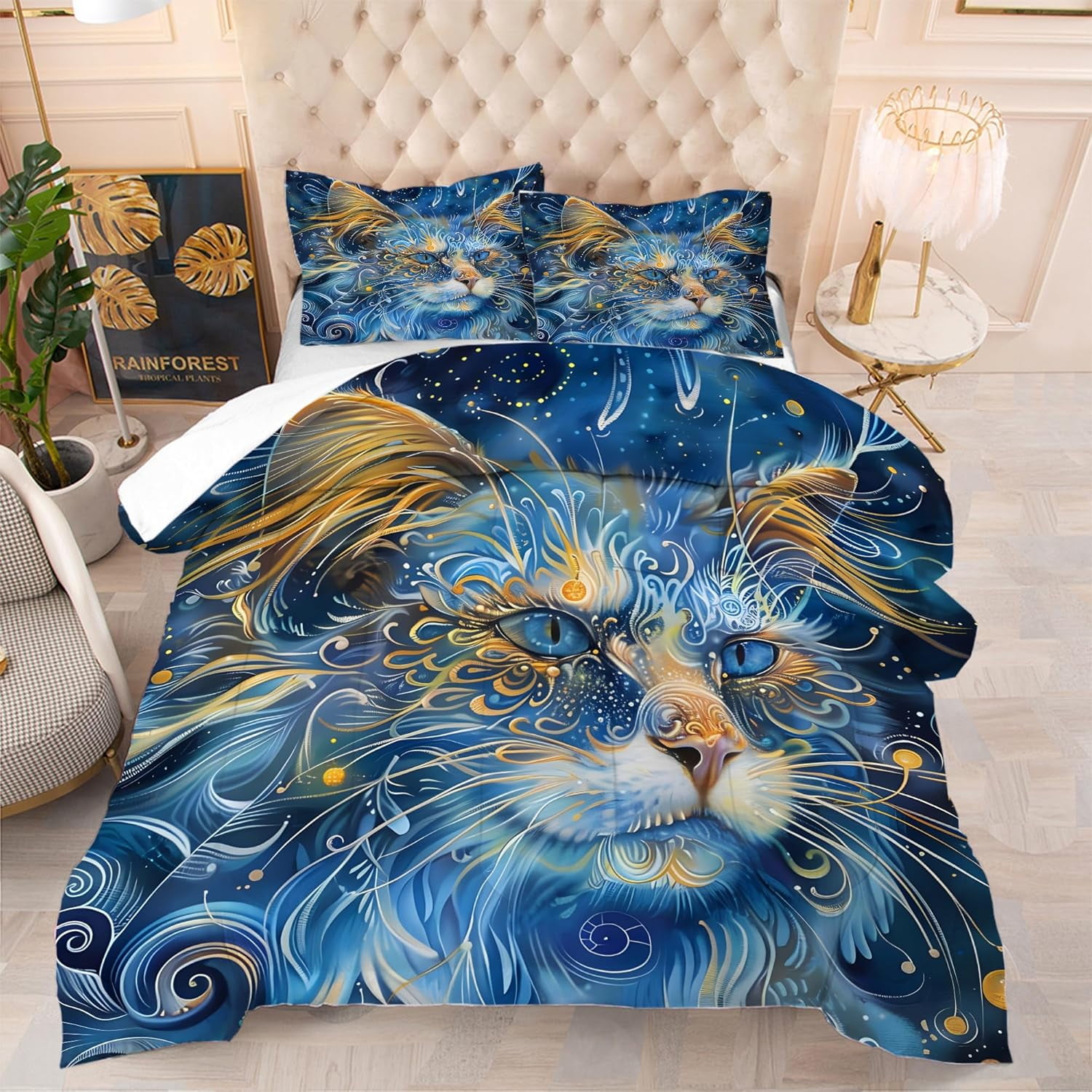 Cat Comforter Set Queen: Blue Maine Coon Bedding Set Mysterious Exotic ...
