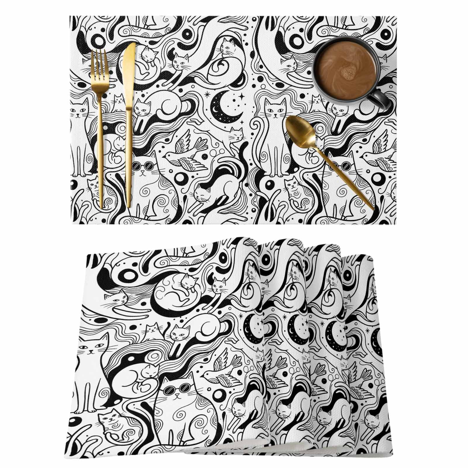Cat Cotton Linen Placemats Set of 4, Cartoon Abstract Moon Cat Bird ...