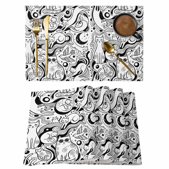 Cat Cotton Linen Placemats Set of 8, Cartoon Abstract Moon Cat Bird ...