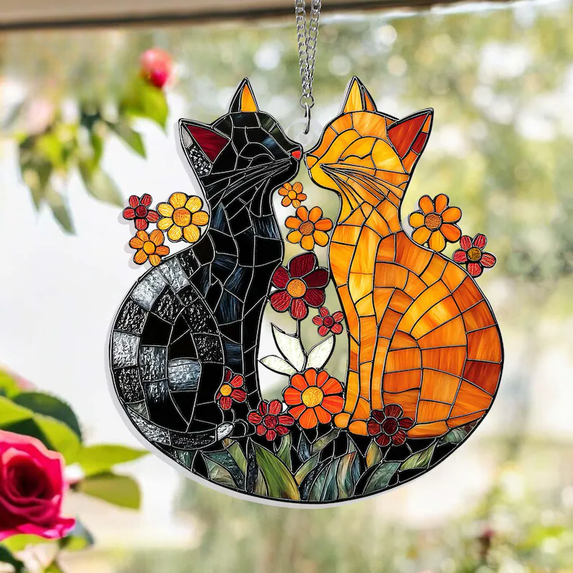 Cat Couple Acrylic Suncatcher, Window Hanging with Black and Orange ...