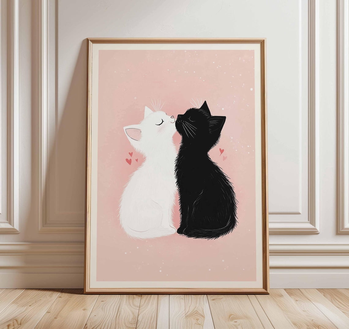 Cat Couple Black and White Cats Wall Art Romantic Love Illustration ...