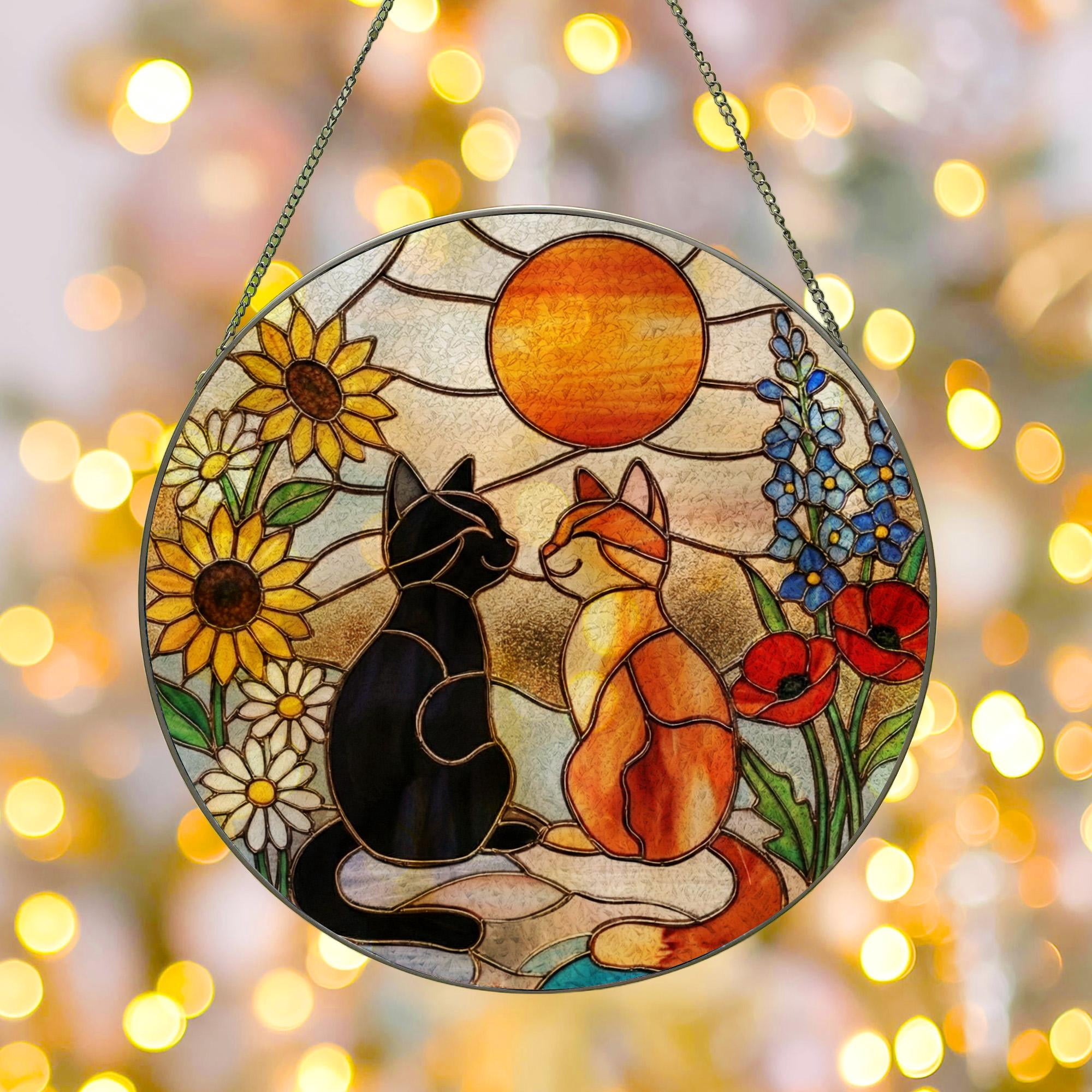 Cat Couple Suncatcher with Flowers, Cat Window Hanging, Black Cat and ...