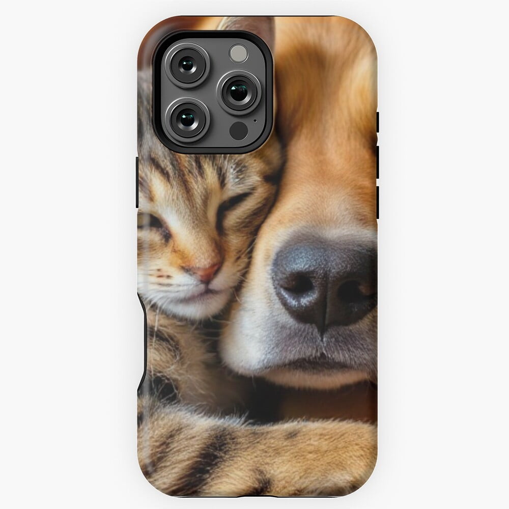 Cat Cuddling Dog Illustration Art iPhone Case 17 16 15 14 13 12 11 Pro ...