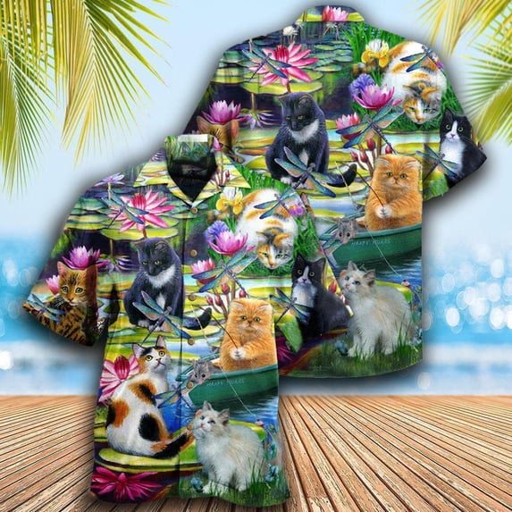 Cat Curious In A Water Lily Lake, Hawaiian Shirt For Cat Lovers, Pet ...