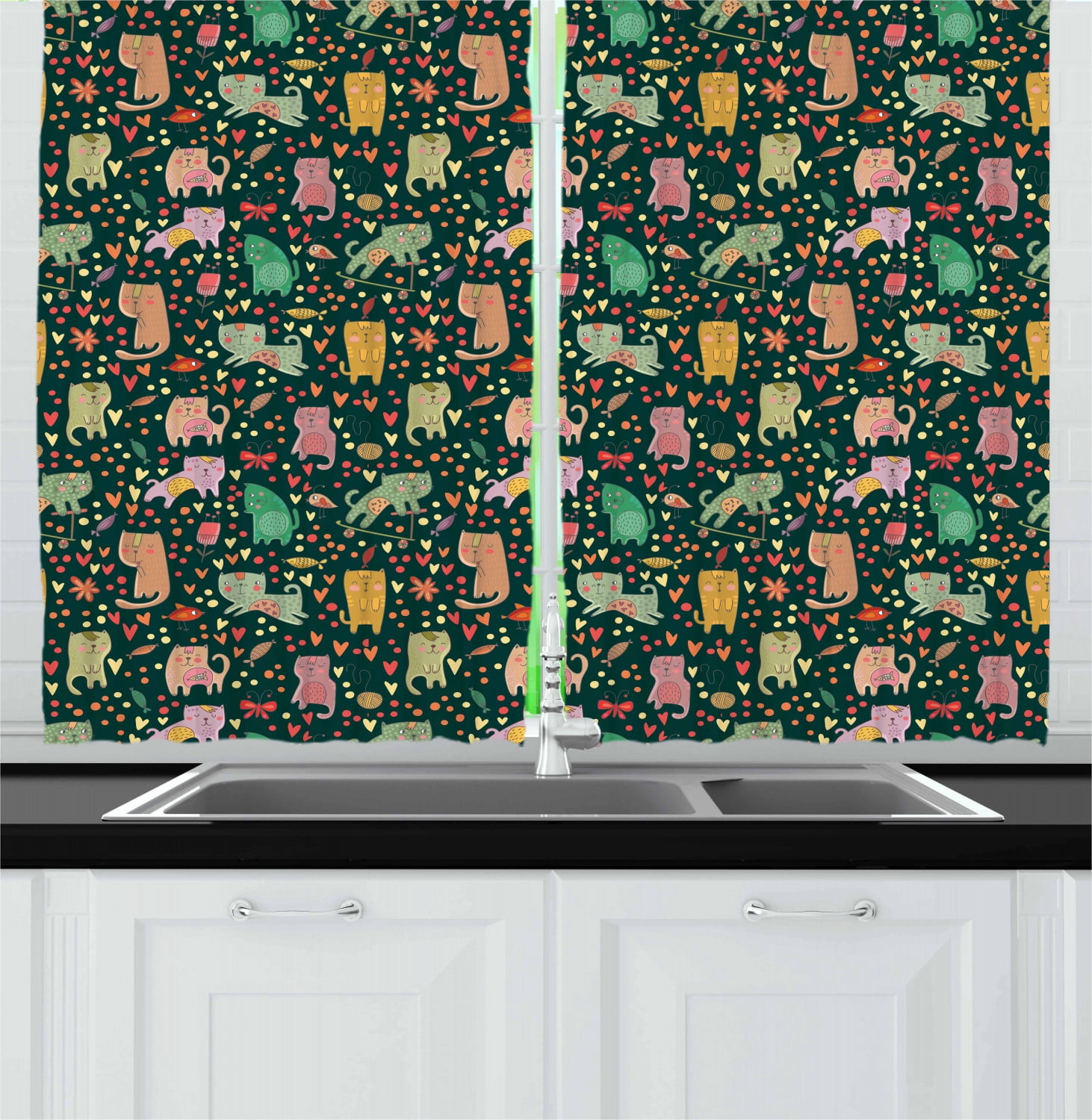 Cat Curtains 2 Panels Set, Children Cartoon Style Feline Pattern on a ...