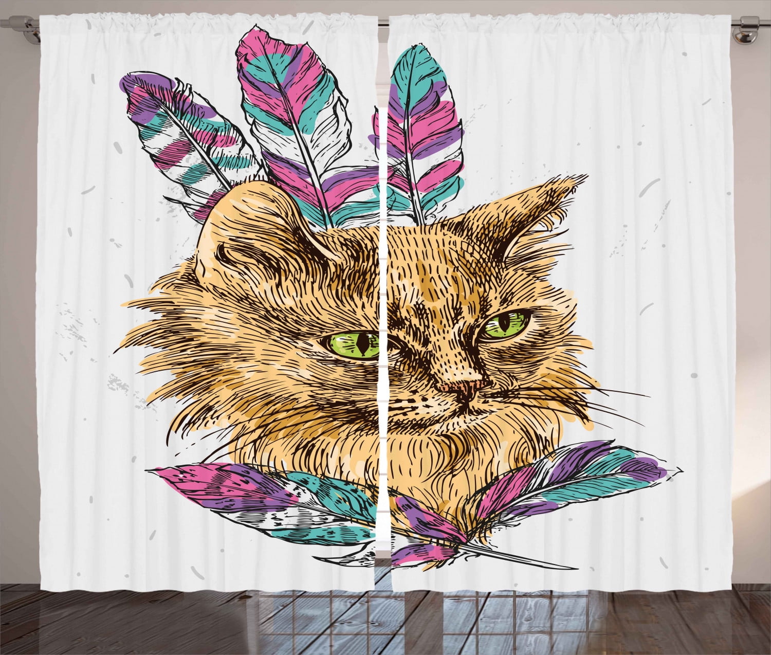 Ambesonne Cat Curtains 2 Panel Set, Cat with Colorful Feathers, 108" x ...