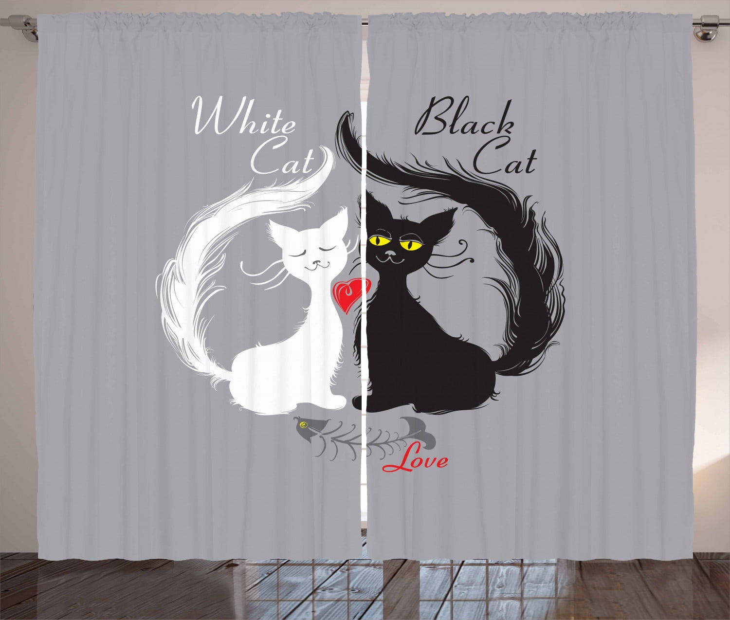 Ambesonne Cat Curtains 2 Panel Set, Couple Fishbone, 108" x 84", Black ...