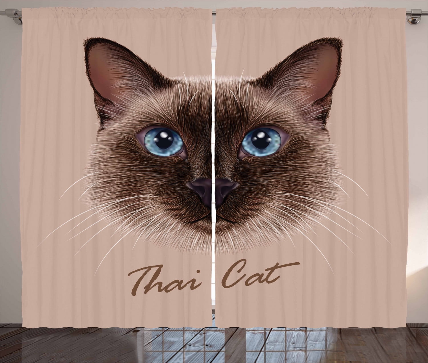 Ambesonne Cat Curtains 2 Panel Set, Domestic Animal Siamese Cat, 108" x ...