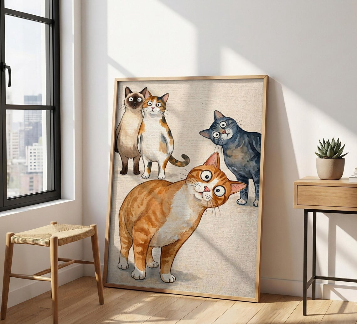 Cat Cute Kitten Illustration Quirky Bathroom Whimsical Pet Animal Nosy ...