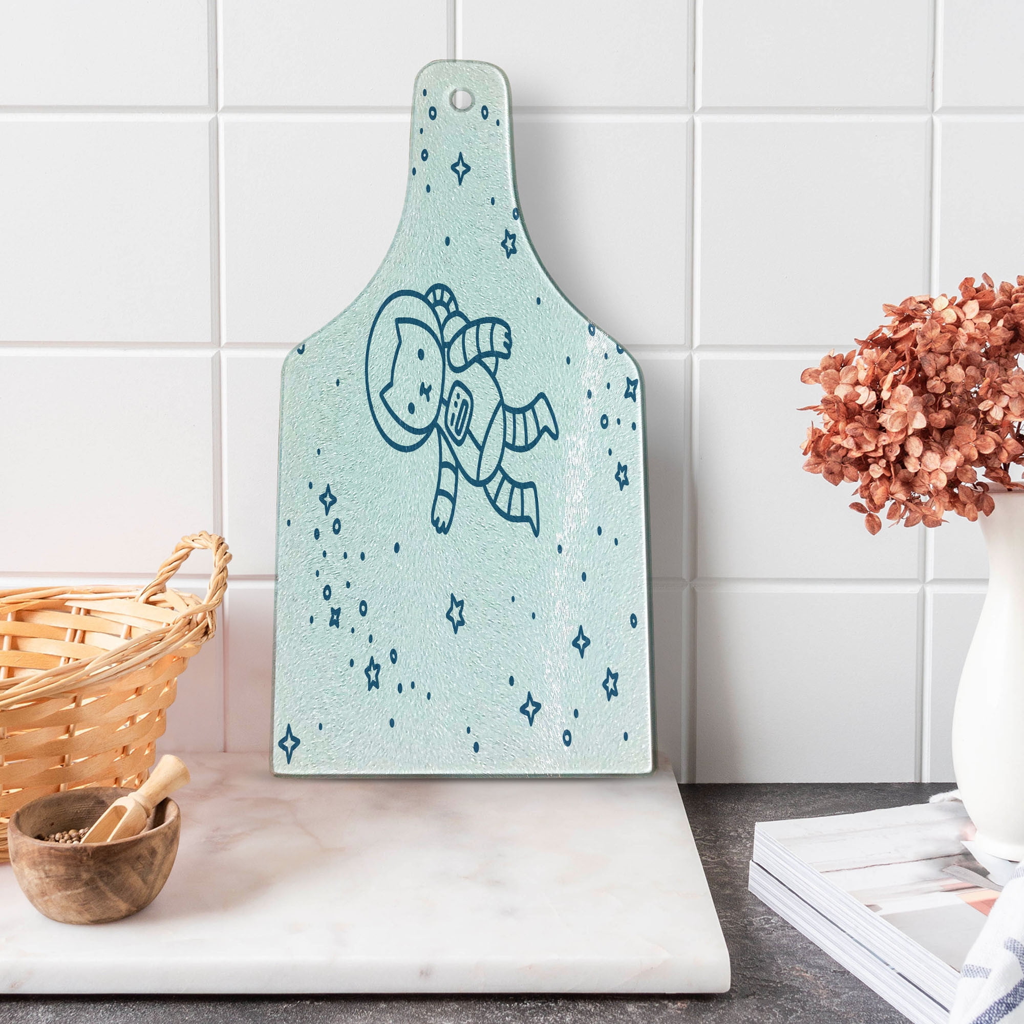 Cat Cutting Board, Cartoon Astronaut Pioneer Cat Flying in Outer Space ...