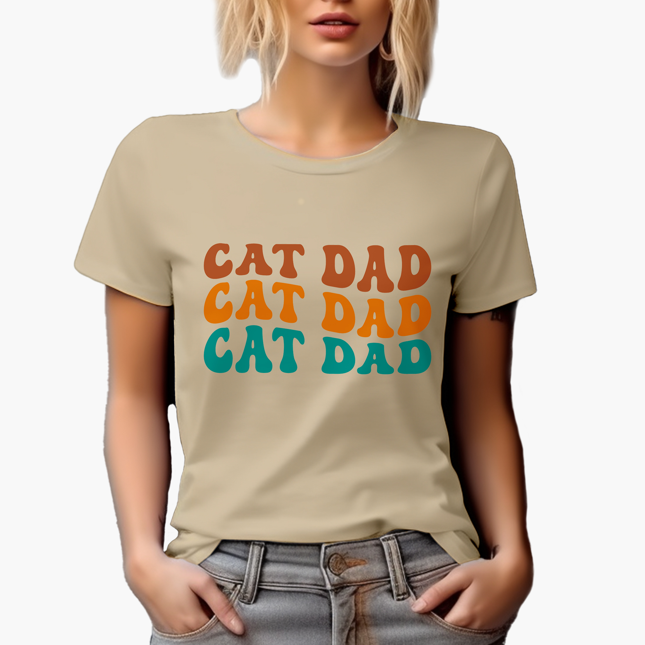 Cat Dad, Name for Dads of Cats, Groovy Retro Wavy Text Merch Gift, Tan ...