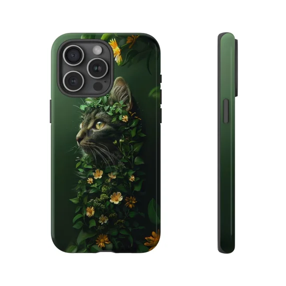 Cat Dark Green Floral Vines Design Phone Case for iPhone 17 to 11 Pro ...