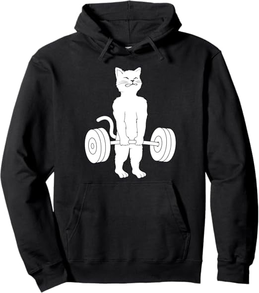 Cat Deadlift Hoodie - Powerlifting Kitty Sweater, Muscle Cat Pullover ...