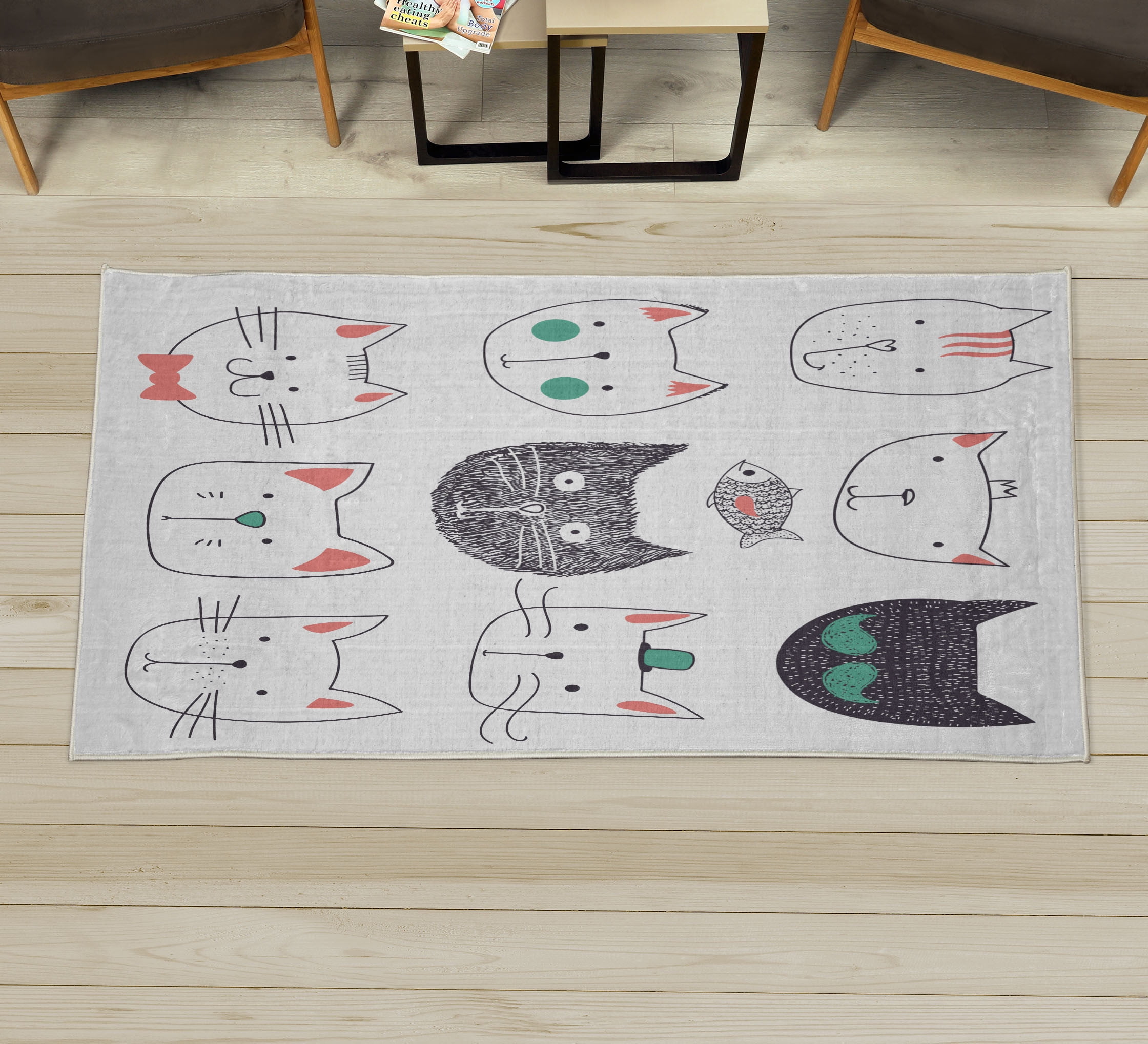 Cat Decorative Rug, Pets Moustache Bow Tie Hat Crown Fluffy and Fish ...
