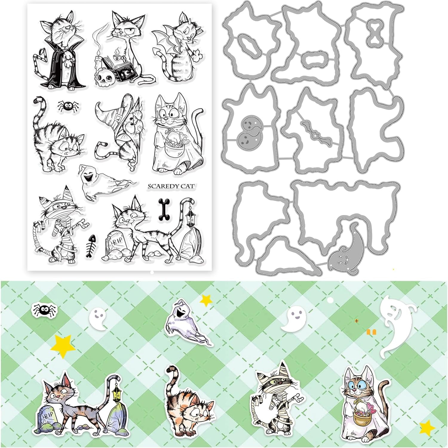 Cat Die and Stamp Set Cat Clear Stamps and Dies for Card Making Ghost ...