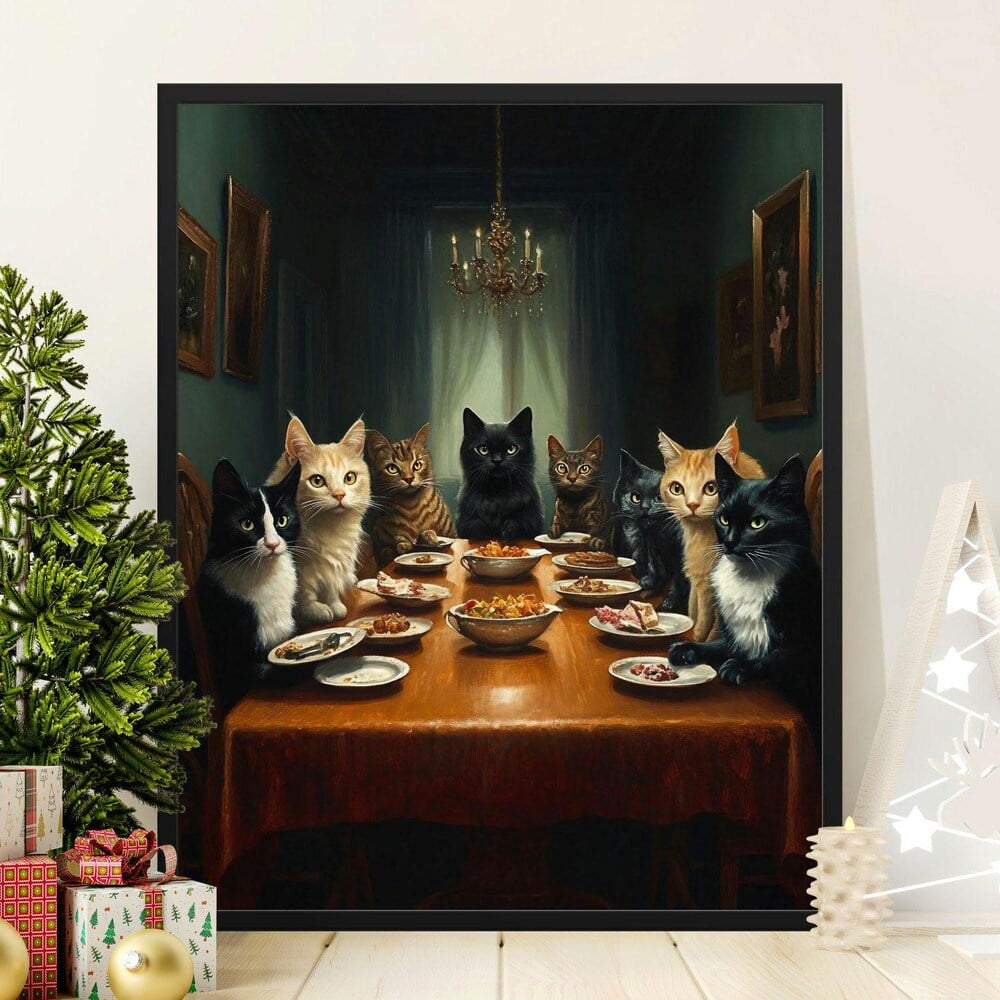 Cat Dinner Party Wall Art, Funny Cat Print For Kitchen, Dining Room ...