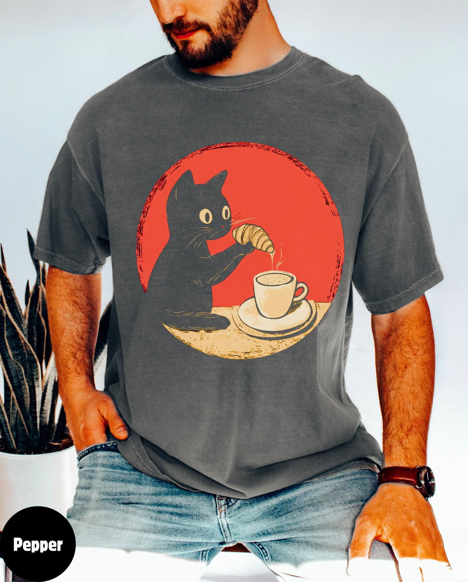 Cat Dipping Croissant in Coffee Shirt, Funny Cat Lover Tee, Cute Animal ...